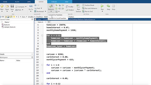 Convert Code to Reusable Functions Using the Refactor Button in MATLAB - MATLAB